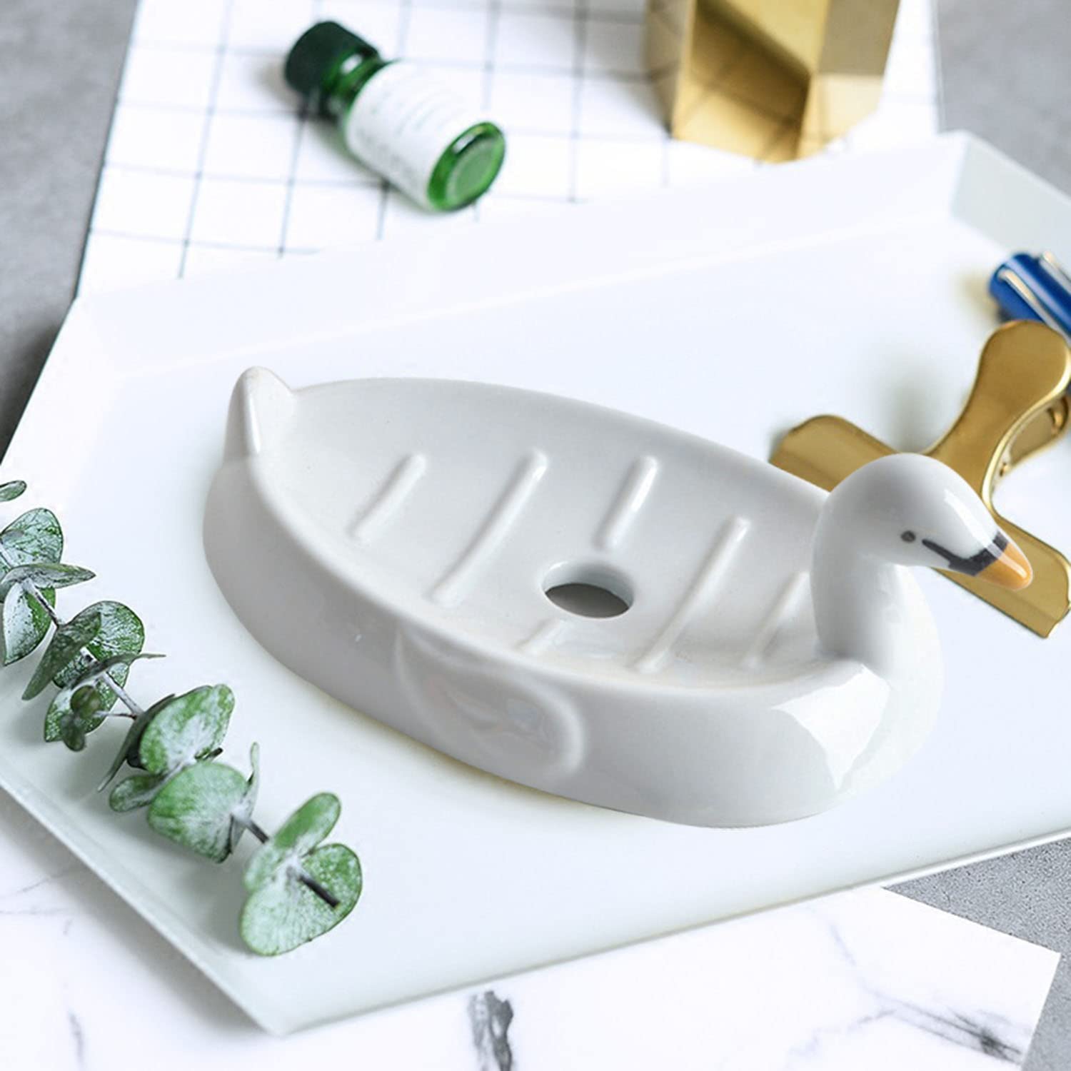 Cute Ceramic Soap Dish - Swan Soap Holder, Soap Tray for Bathroom Sink, Creative Animal Soap Bar Holder, White