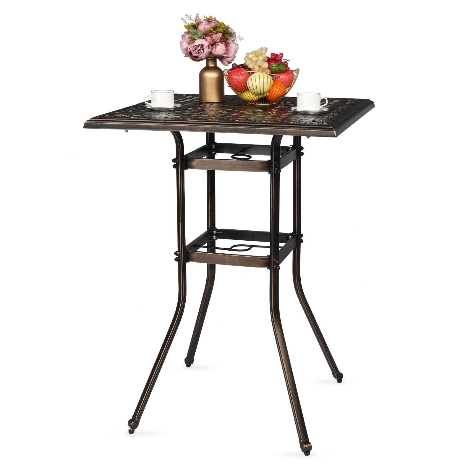 VINGLI Outdoor Bar Table, Sqaure Bar Height Patio Table with Umbrella Hole, Cast Aluminum Tall Outdoor Table Bistro Table Outdoor Furniture Garden Table