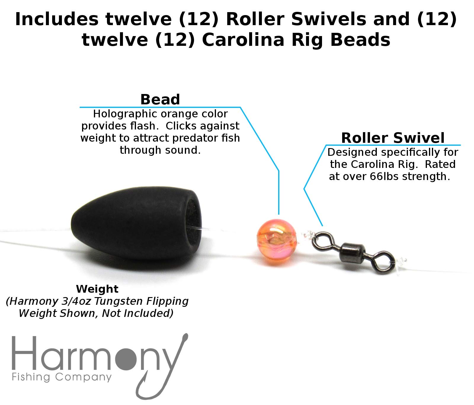 Carolina Swivel Kit (12 Pack) – 12 Roller Swivels, 12 Carolina Rig Beads for Bass Fishing