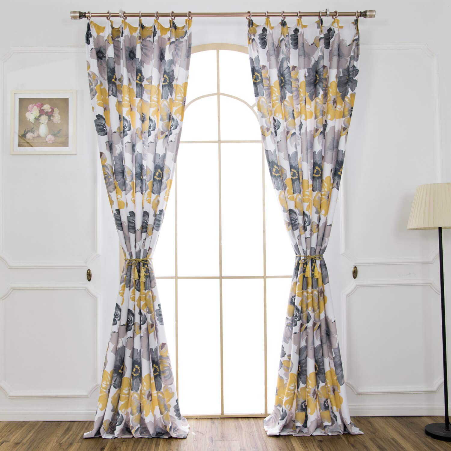 Clacoco Gray Yellow Flower Curtains and Drapes for Living Room Grommet Top 1Panel 42" W 84" L