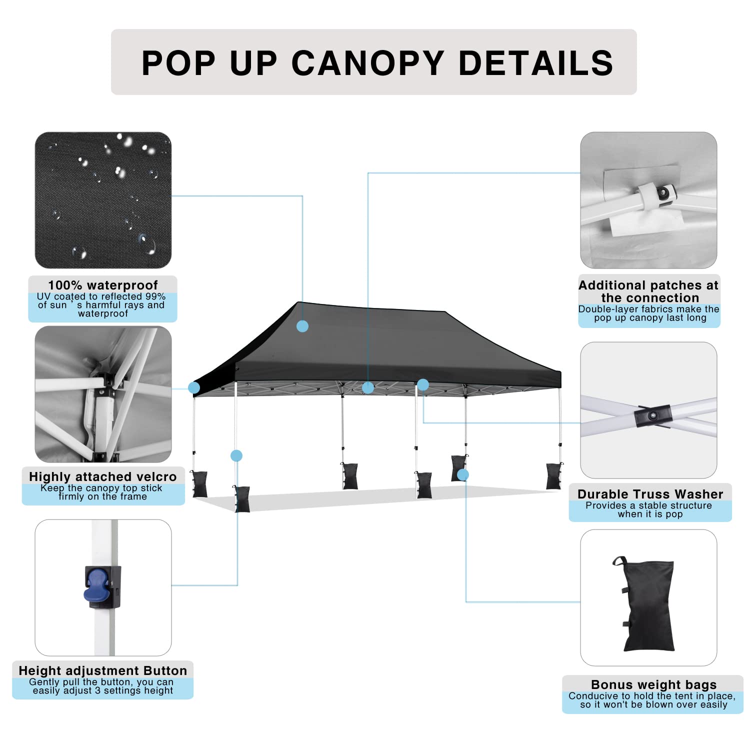 CAJECUS 10' x 20' Pop Up Canopy, Durable Easy Beach Canopy Tent, Waterproof Outdoor Canopy with 3 Adjustable Height, Roller Bag, 6 Sand Bags, 4 Ropes and 8 Stakes