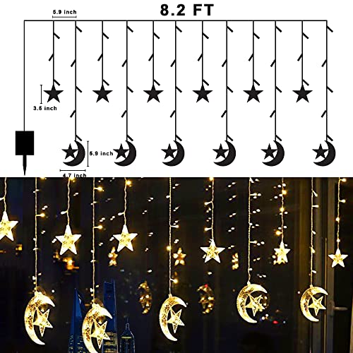 FUNPENY Solar Star and Moon Fairy String Lights 138LED 8 Lighting Modes Outdoor/Indoor Waterproof Twinkle Curtain Light for Backyard Garden Patio Home Ramadan Decoration
