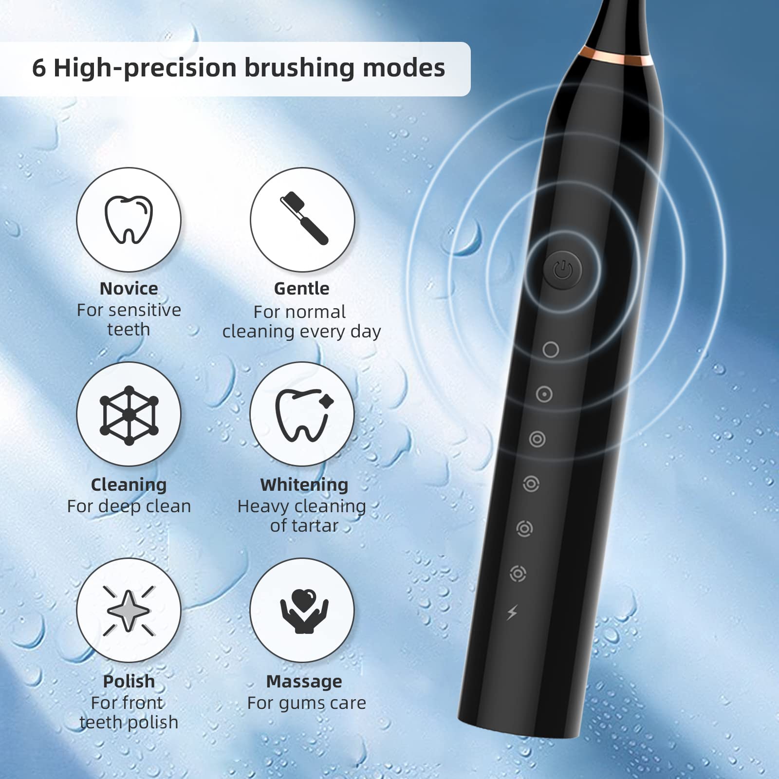 Qhecomce Sonic Electric Toothbrushes USB Rechargeable Ultrasonic Tooth Brush with 4 Brush Heads 6 Cleaning Modes and Smart Timer IPX7 Waterproof Cleaning Toothbrushes for Adults (Black)