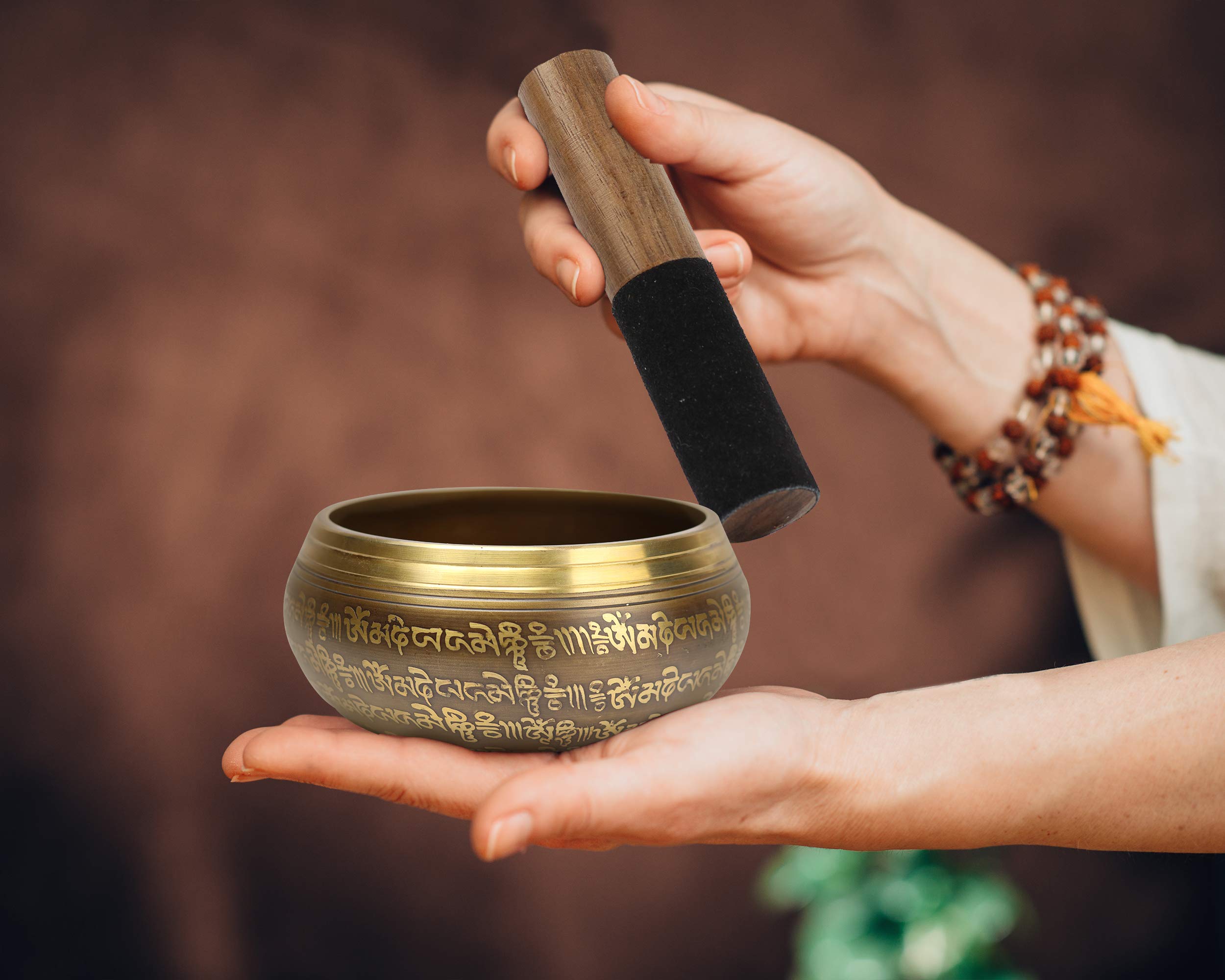 Tibetan Singing Bowl Set 4" ~ Bronze Mantra Design ~ With Carry Case, Dual Surface Mallet, Silk Cushion, and FREE Meditation e-book ~ Promotes Peace, Chakra Healing, and Mindfulness