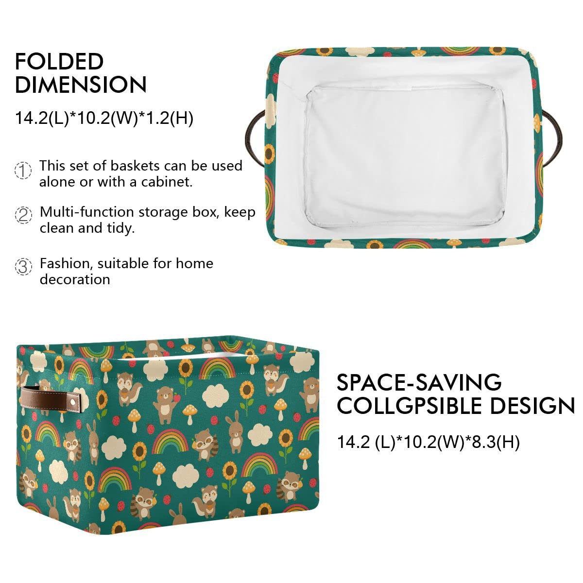 Cute Woodland Animals Pattern Rectangle Storage Basket Collapsible Storage Bin for Nursery Toys Books Waterproof Baskets for Closet Shelves Bedroom Decor