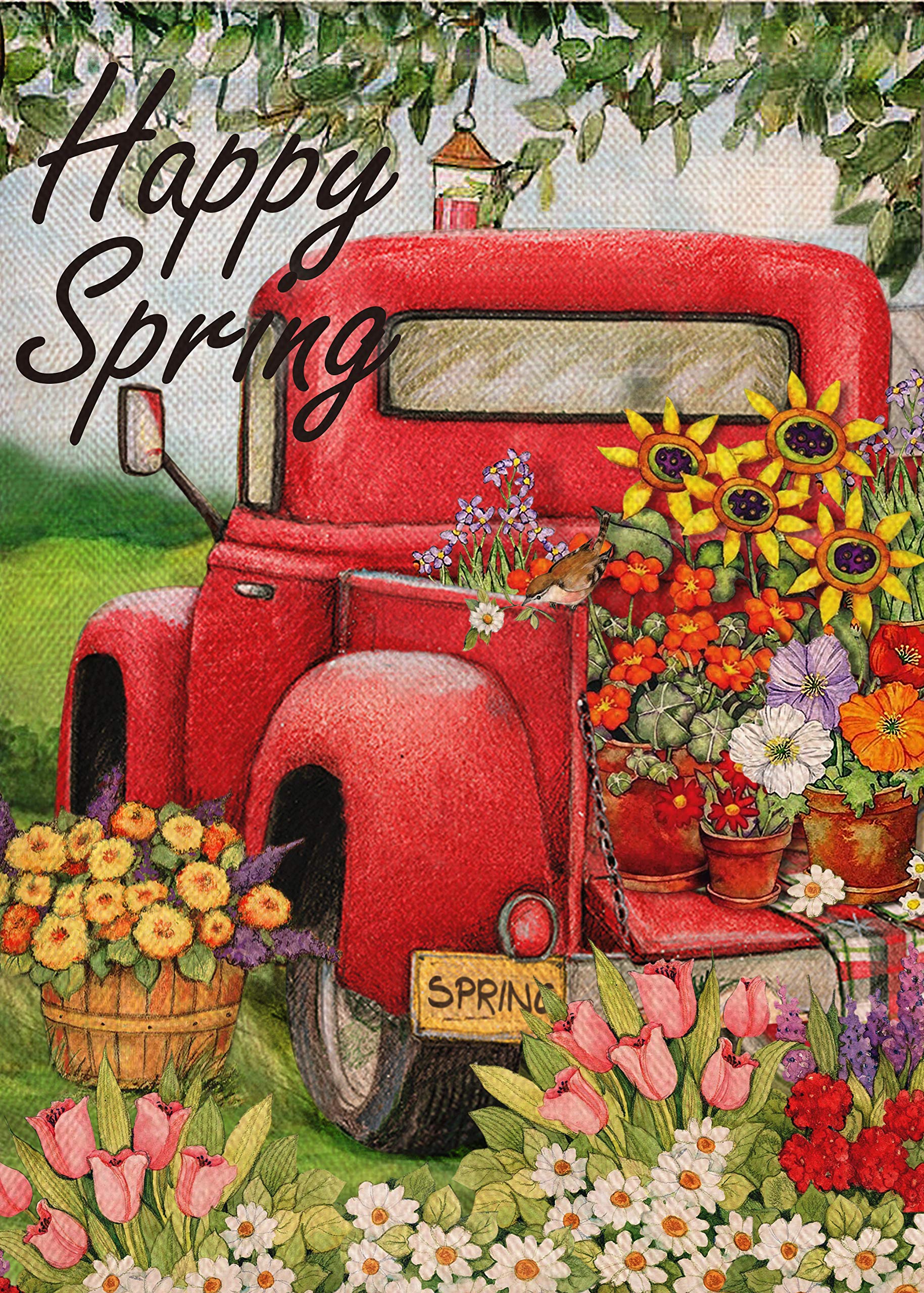 Furiaz Happy Spring Red Truck Small Garden Flag, Vintage Pickup Yard Outdoor Home Daisy Tulip Flowers Lawn Outside Decorations Double Sided 12x18
