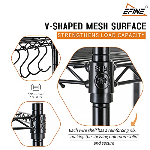 EFINE 4-Shelf Shelving Unit with 8 Hooks, Adjustable, Carbon Steel Wire Shelves, 150lbs Loading Capacity Per Shelf, Units and Storage for Kitchen Garage (23.6W x 14D 47H) Black, S100-4B, 1-Pack