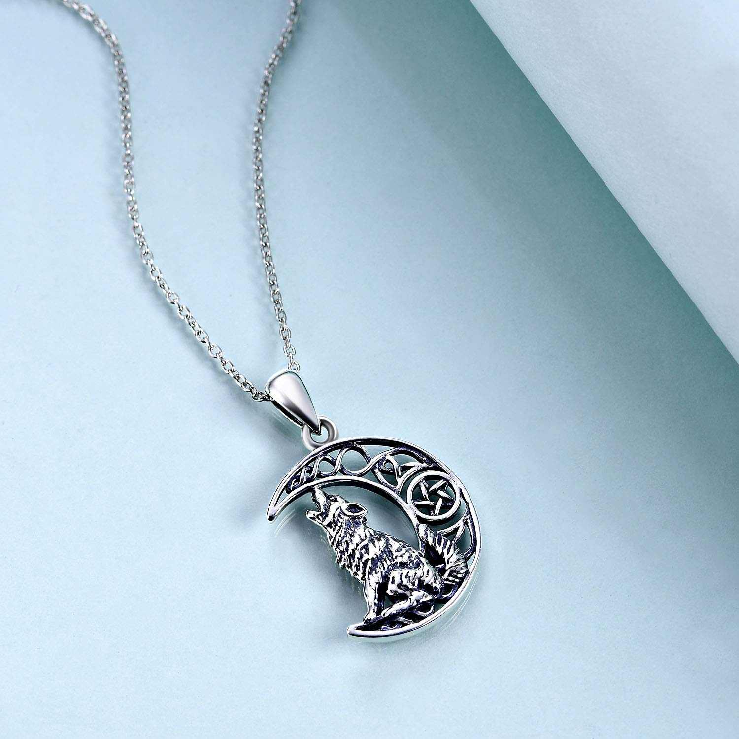 POPKIMI Sterling Silver Wolf Jewelry Howling Wolf Pendant Necklace for Men for Women, 18"+2" (Style-1)