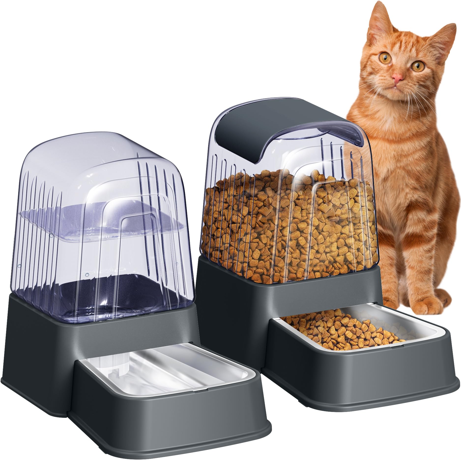 Hipidog Automatic Dog and Cat Food Feeder and Water Dispenser Set with Stainless Steel Bowls,Gravity Pet Food and Water Feeders,100% BPA-Free,Large Capacity for Cats Dogs Pets…(3.5L Dark Gray)