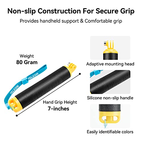 TELESIN Floating Hand Grip for GoPro Hero 11 10 9 8 7+ Series, DJI, Insta360 Most Action Cameras, Underwater Selfie Stick Suitable for Surfing, Snorkeling, Underwater Shooting