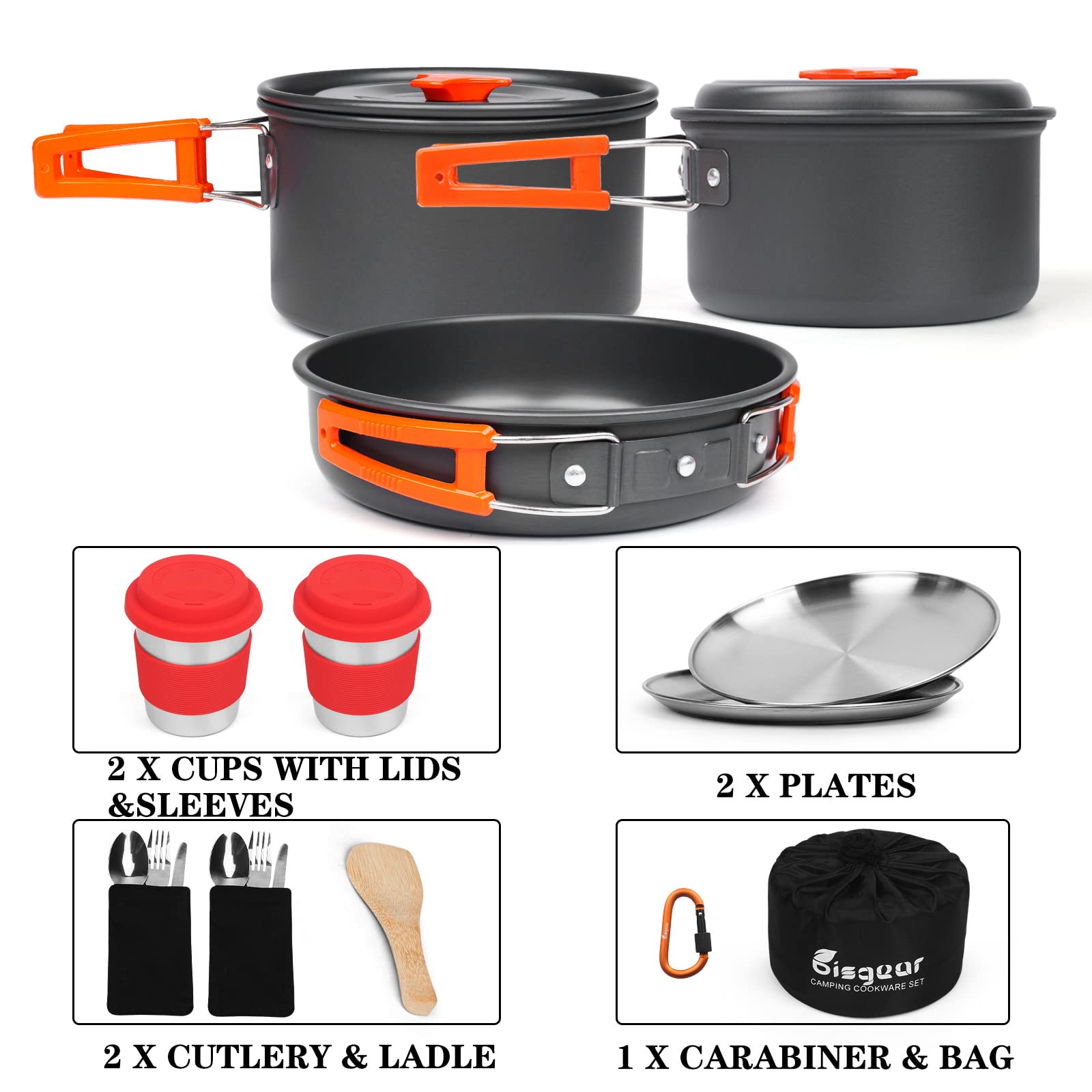 Bisgear Camping Cookware Mess Kit for Backpacking Gear - Camping Pots and Pans Set with Cups Plates Flatware - Camping Cooking Set Accessories - Survival Gear and Equipment