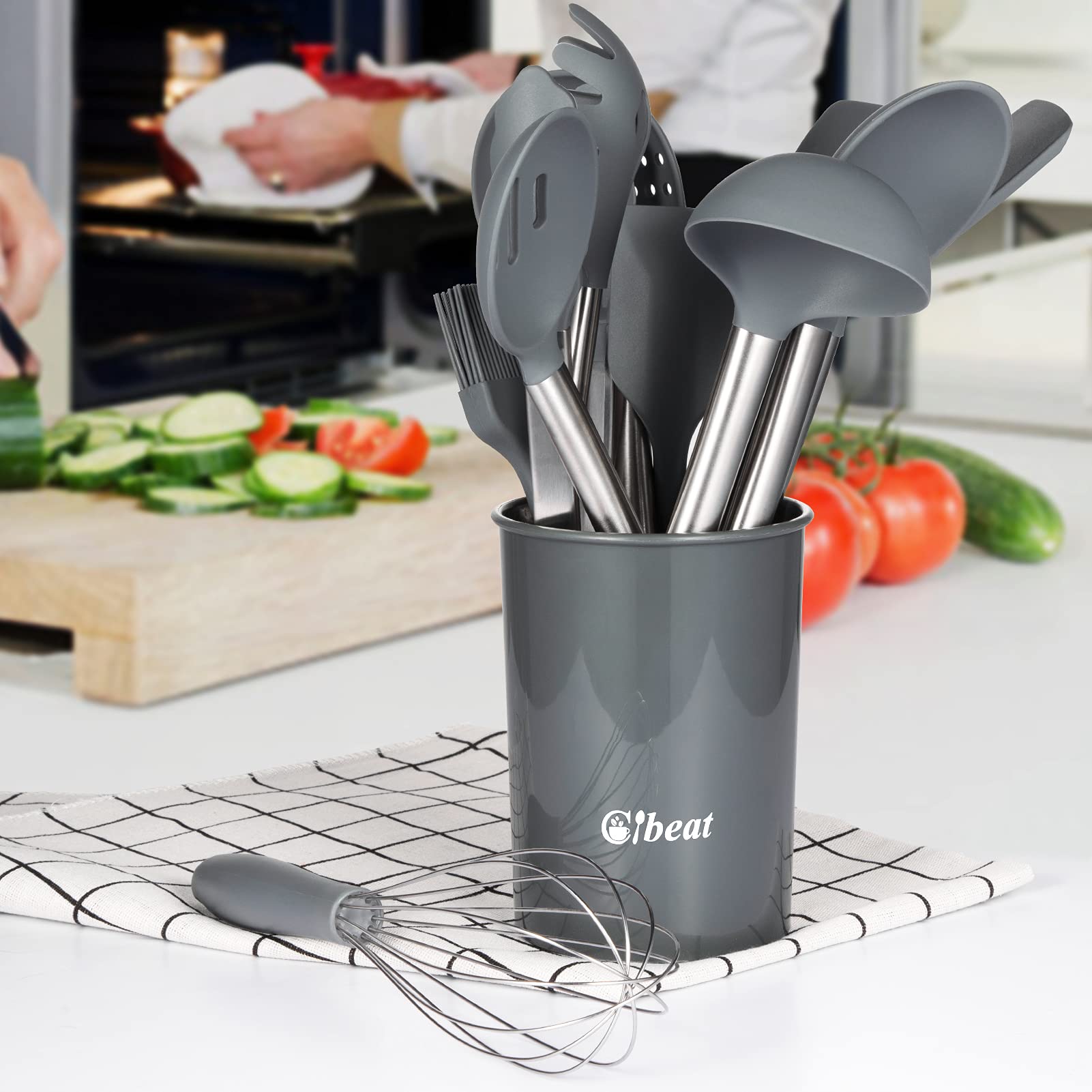 Cibeat Cooking Utensil Set, 27pcs Kitchen Silicone Cooking Utensils Set, Non-stick Kitchen Cookware with Stainless Steel Handle and Holder, Grey