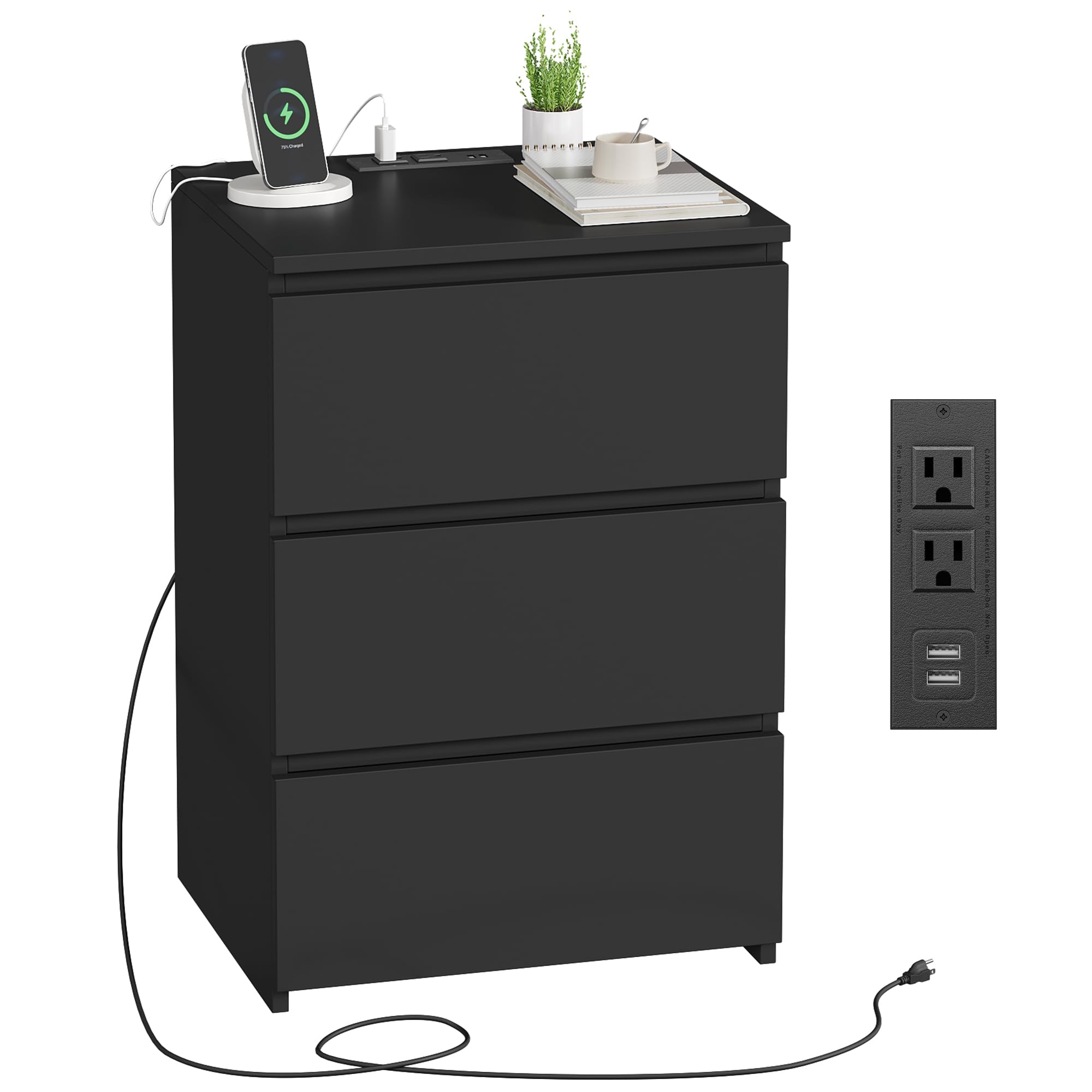 FOTOSOK Black Nightstand, 26" H Black Night Stand with Charging Station, Black Nightstand with USB Ports & Power Outlets, Silent Slides, Wooden End Side Table Bedside Table with 3 Drawers for Bedroom