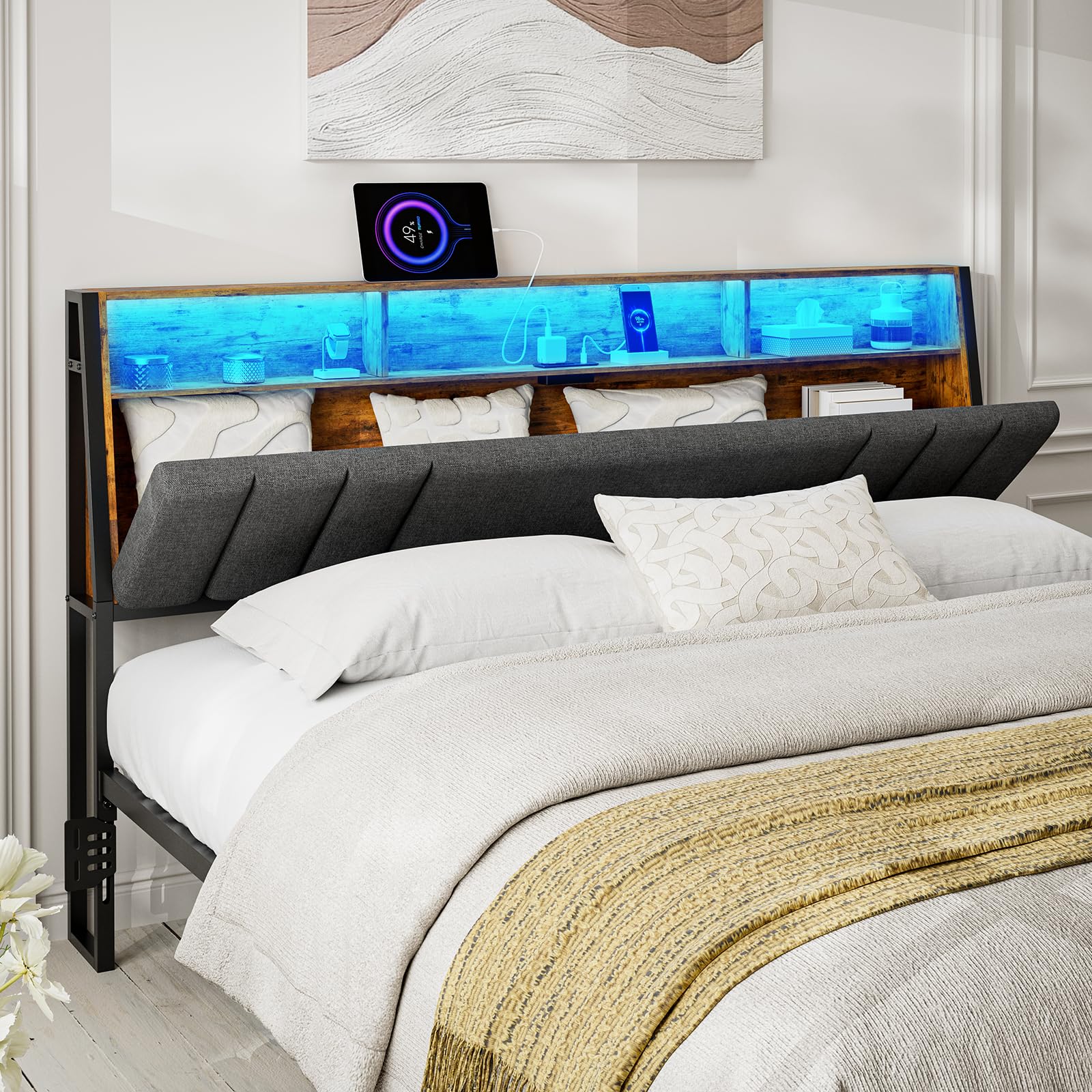 IKIFLY Hidden Storage Headboard California King Size with Charging Station, Ergonomic Upholstered Cal King Headboard Only with LED Lights, 2 Outlets & 2 USB Ports, Easy Assembly, Dark Grey