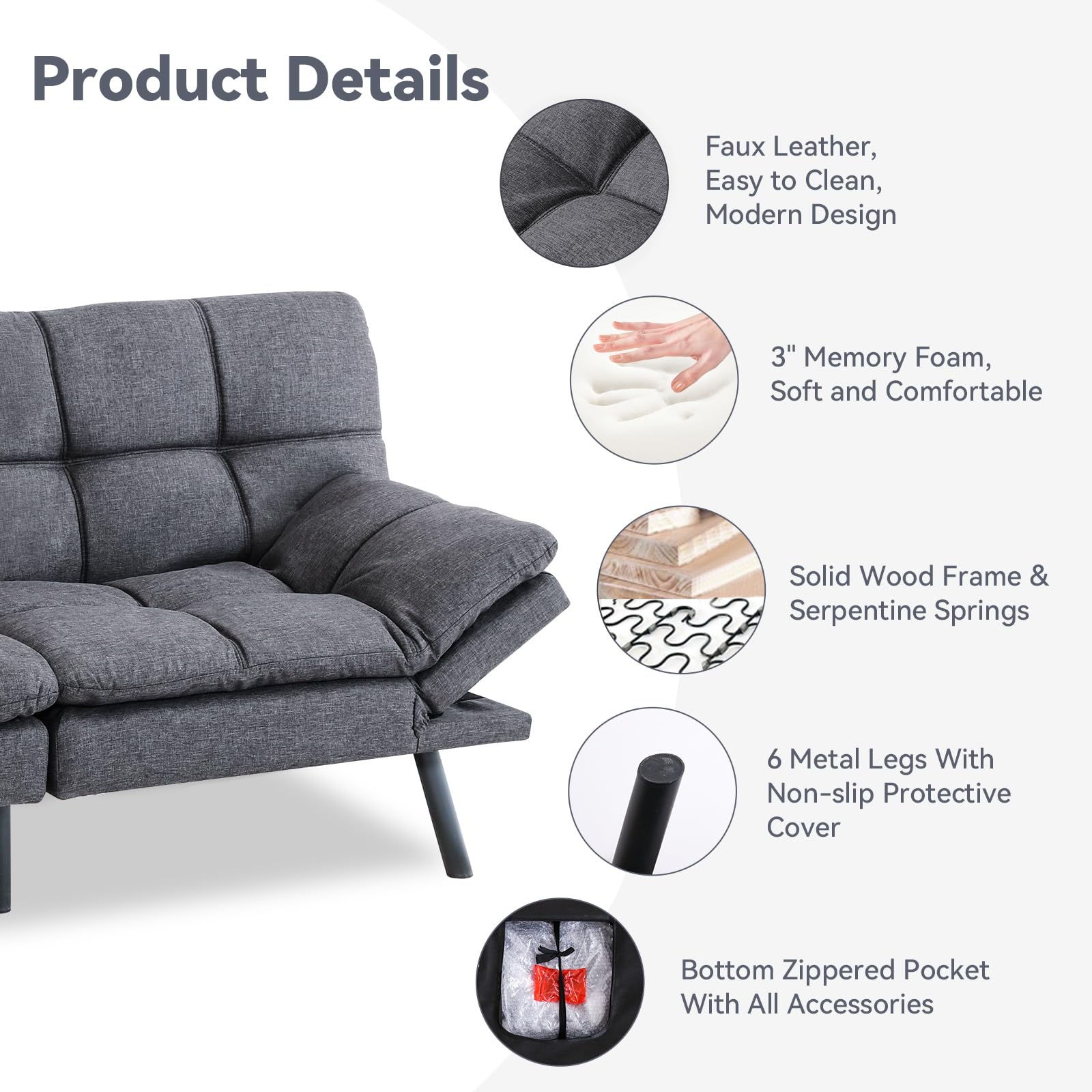 Erdoru Convertible Memory Foam Futon Sofa Bed Couch,Linen Fabric Futon Sofa Couch,Sleeper Futons Sofa Bed,Small Splitback Modern Loveseat Sofa Bed for Living Room,Office,Apartment,Dark Grey