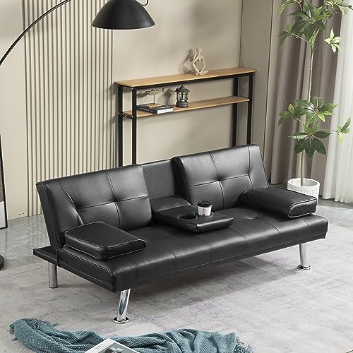 ERYE Upholstered Futon Sofa Sitting Space Loveseat Convertible Sleeper Couch Bed for Apartment Office Home Gym Living Room Furniture Sets Sofabed, Black PU Leather Tufted Cupholders Metal Legs