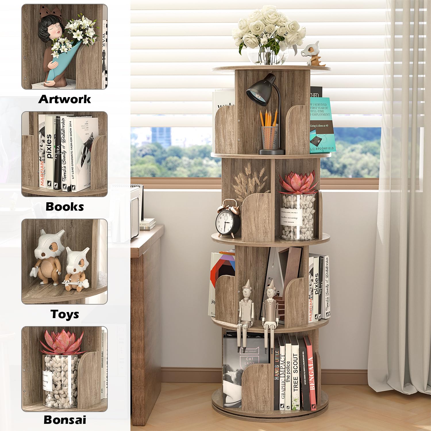 GOOFCXO 4 Tier Rotating Bookshelf, 360° Revolving Bookcase Wood Rotating Stackable Shelves Floor-Standing Storage Display Rack Used in Bedrooms Living Rooms Study Office (52"x18"x18")