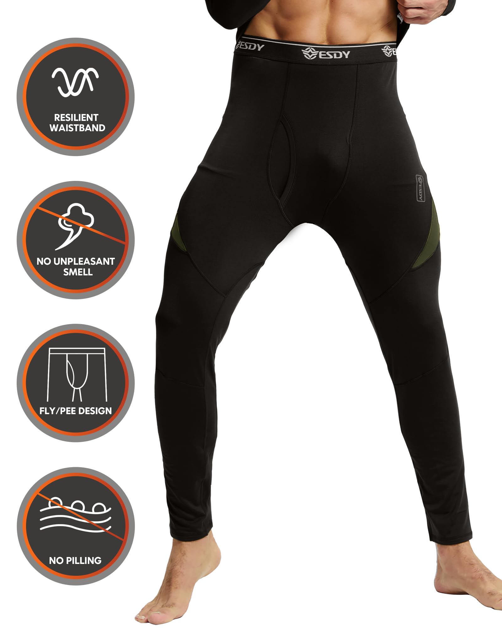 CL convallaria Long Johns for Men with Fly, Thermal Underwear Set Winter Hunting Gear Sport Base Layer Top and Bottom Midweight -Crew Neck-Black-XL