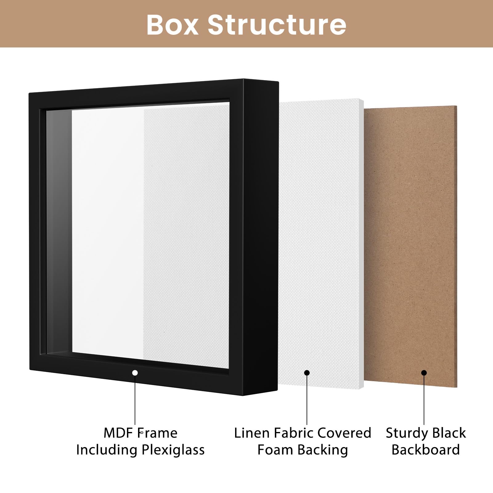 Califortree 8x8 Shadow Box Frame with Soft Linen Back - Push Pins Included, Memory Box Display Case for Flower, Tickets and 3D Items, Black