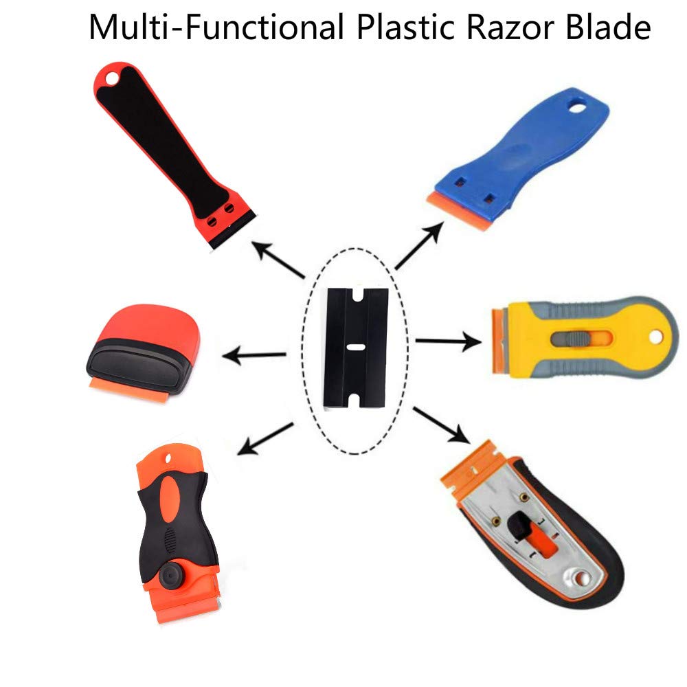 EHDIS Plastic Razor Blades 100 PCS Double Edged Plastic Blade for Safety Glass Scraper and Plastic Razor Scraper Tool for Remove Decals Stickers Adhesive Label Glue and Glass Clean-Black