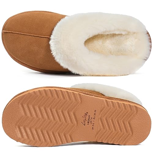 LazyStep Women's Fuzzy Memory Foam Slippers Fluffy House Shoes Indoor Outdoor(Tan,Size 7-8)