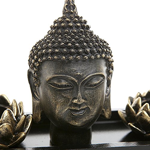 MyGift Black Buddha Head Sculpture Zen Garden Set w/Lotus Tealight Candle Holders & Wooden Display Tray