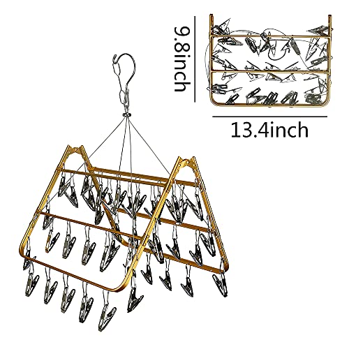 KANGCAI Socks Hanger 42 Clips Drip Hangers Clothes Drying Rack herb Drying Rack tendederos de ropa para secar Foldable Hanging Racks for Laundry Racks Apartments (Gold)