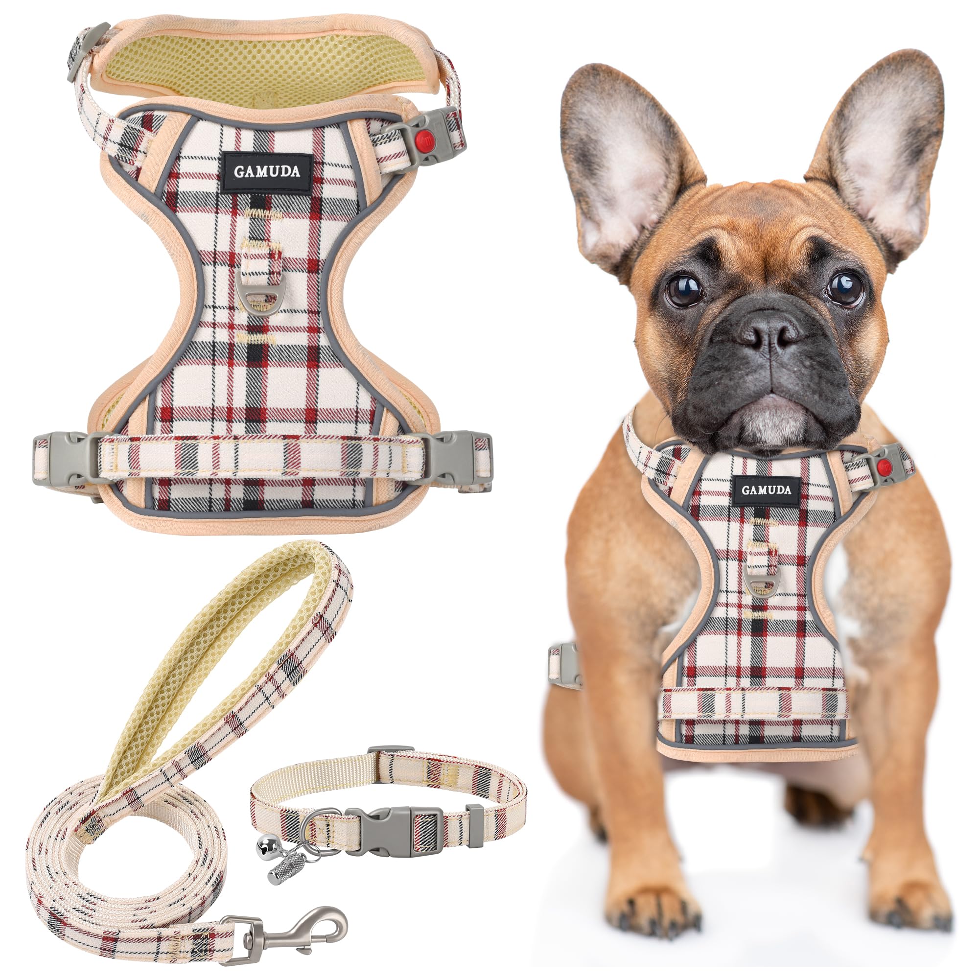 GAMUDA Dog Harness Collar and Leash Set, Dog Harness, No Chock No Pull Adjustable Vest Harnesses Plaid Reflective for Medium Dog, Cat, Small Horse, Small Bull and Pig (Beige, S)