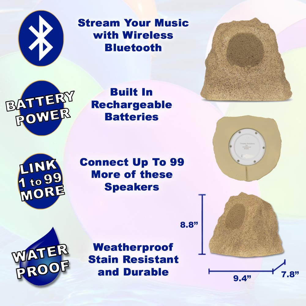 Theater Solutions by Goldwood B42S Wireless Rechargeable Bluetooth Outdoor Rock Speaker System β Sandstone, Set of 2, 120 Watts