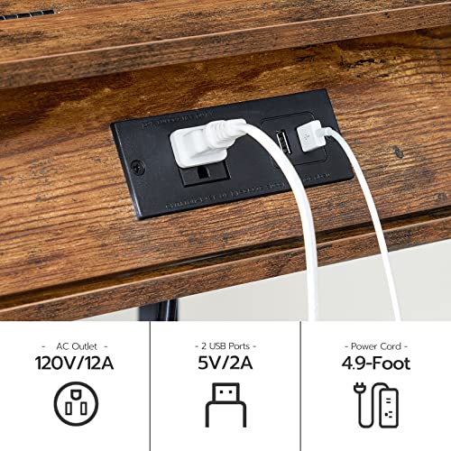 HOOBRO Nightstand with Charging Station, Tall Side Table, End Table with Drawer and Storage Shelf, Industrial End Telephone Table, for Study, Bedroom, Space Saving, Rustic Brown and Black BF71UBZ01