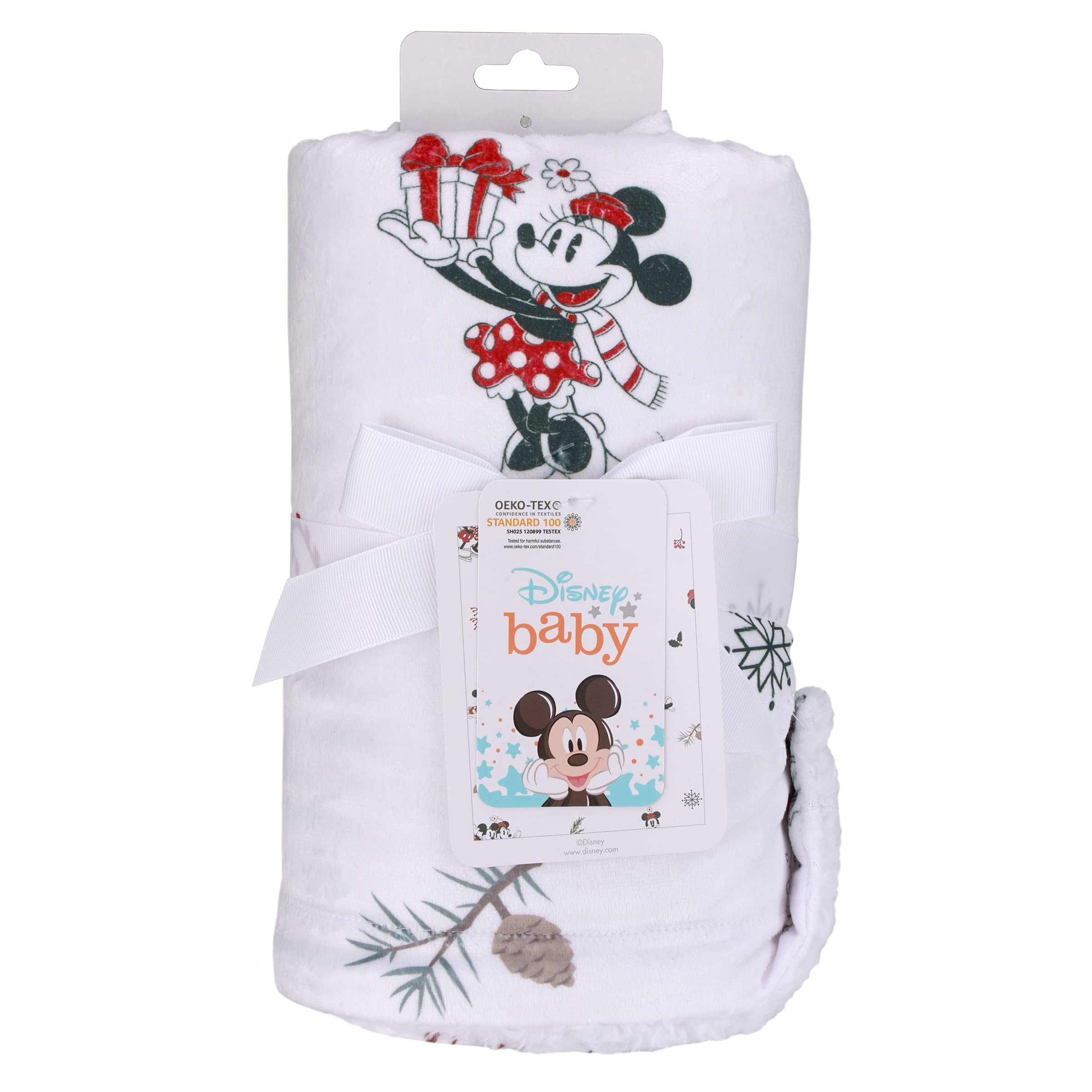 Disney Mickey and Minnie Mouse White, Red, and Green Ice Skating Sledding Christmas Holiday Super Soft Sherpa Baby Blanket