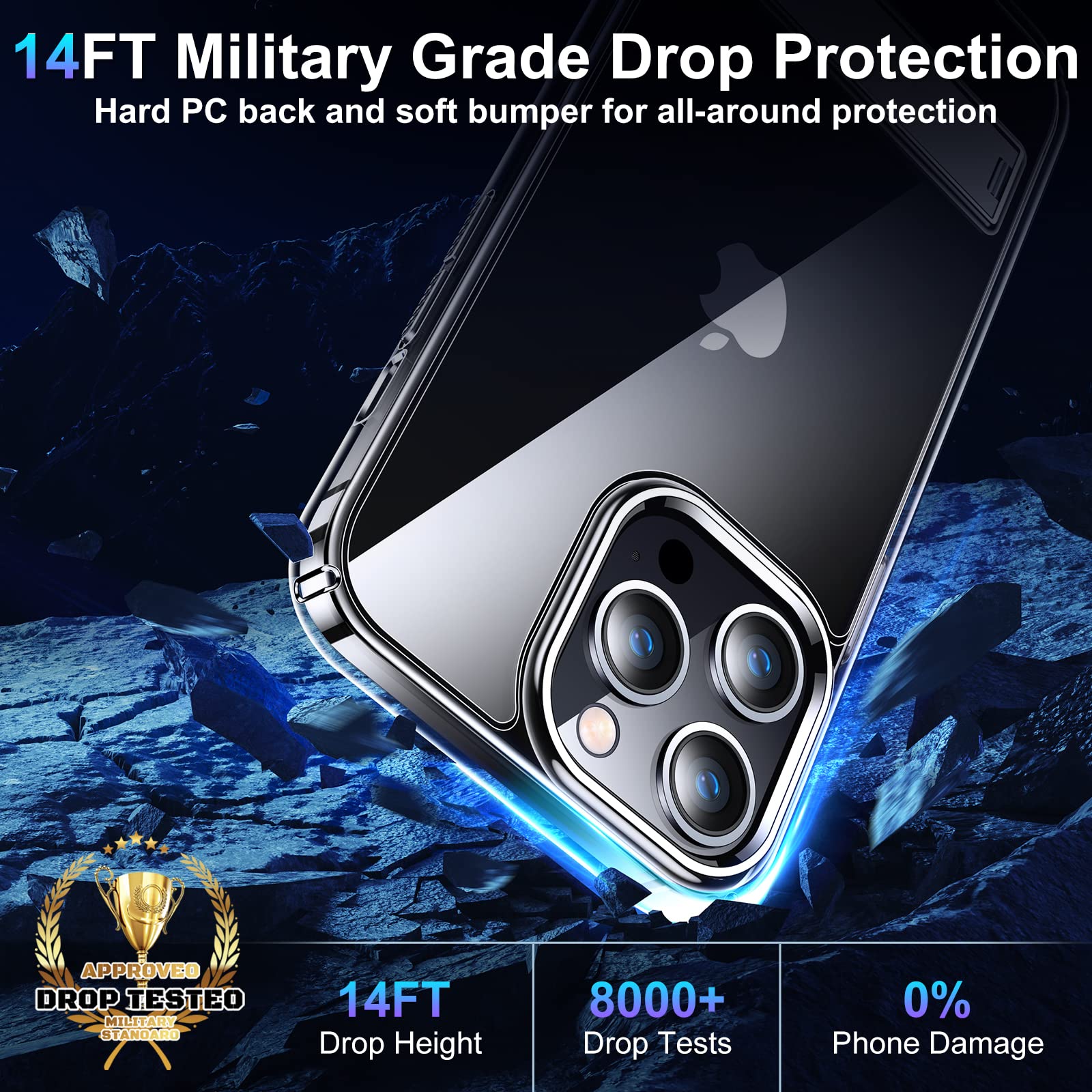 Simtect Crystal Clear for iPhone 14 Pro Max Phone Case, [Not Yellowing] [3 Stand Way][14FT Military Drop Protection] Protective Slim Kickstand Shockproof Phone Case for iPhone 14 Pro Max, Clear
