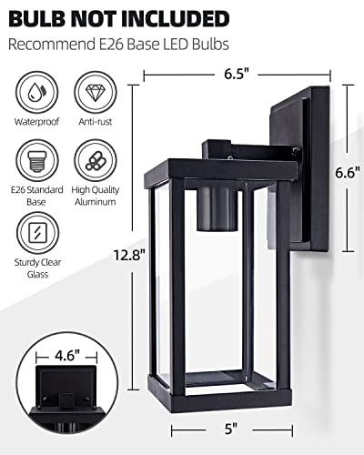 Eietonte Outdoor Wall Sconce, Exterior Wall Lantern Light Fixtures with Clear Glass Shade, Waterproof Wall Porch Lighting, Modern Anti-Rust E26 Socket Wall Mount Lamp for Garage Doorway, 2 Pack