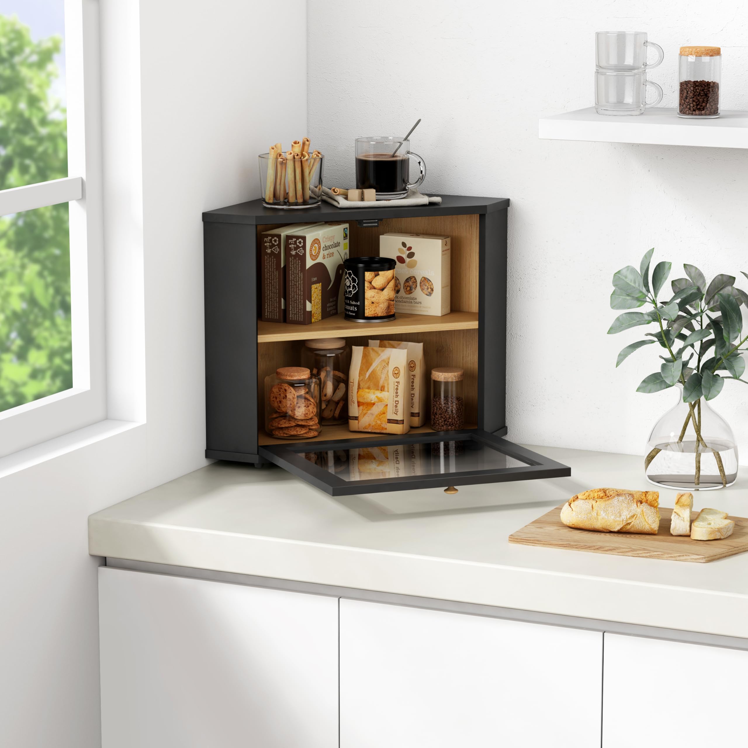 Goozii Corner Bread Box for Kitchen Countertop, Black Bread Storage Container for Homemade Bread, Two Layer Breadbox under Cabinet Mount, Large Bread Holder for Kitchen Counter, Panry Shelf