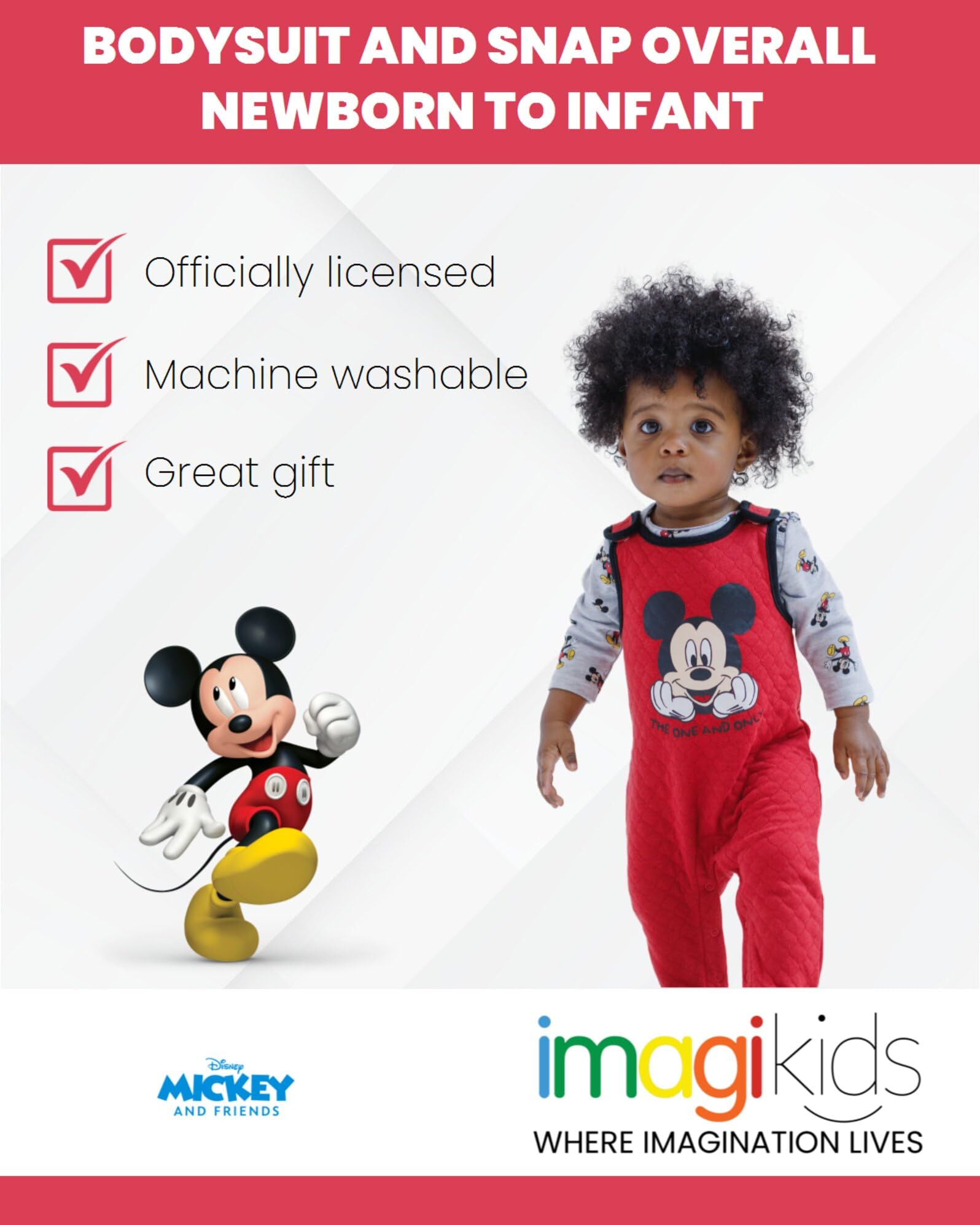 Disney Mickey Mouse Newborn Baby Boys Cuddly Bodysuit Snap French Terry Overall Gray/Red 6-9 Months
