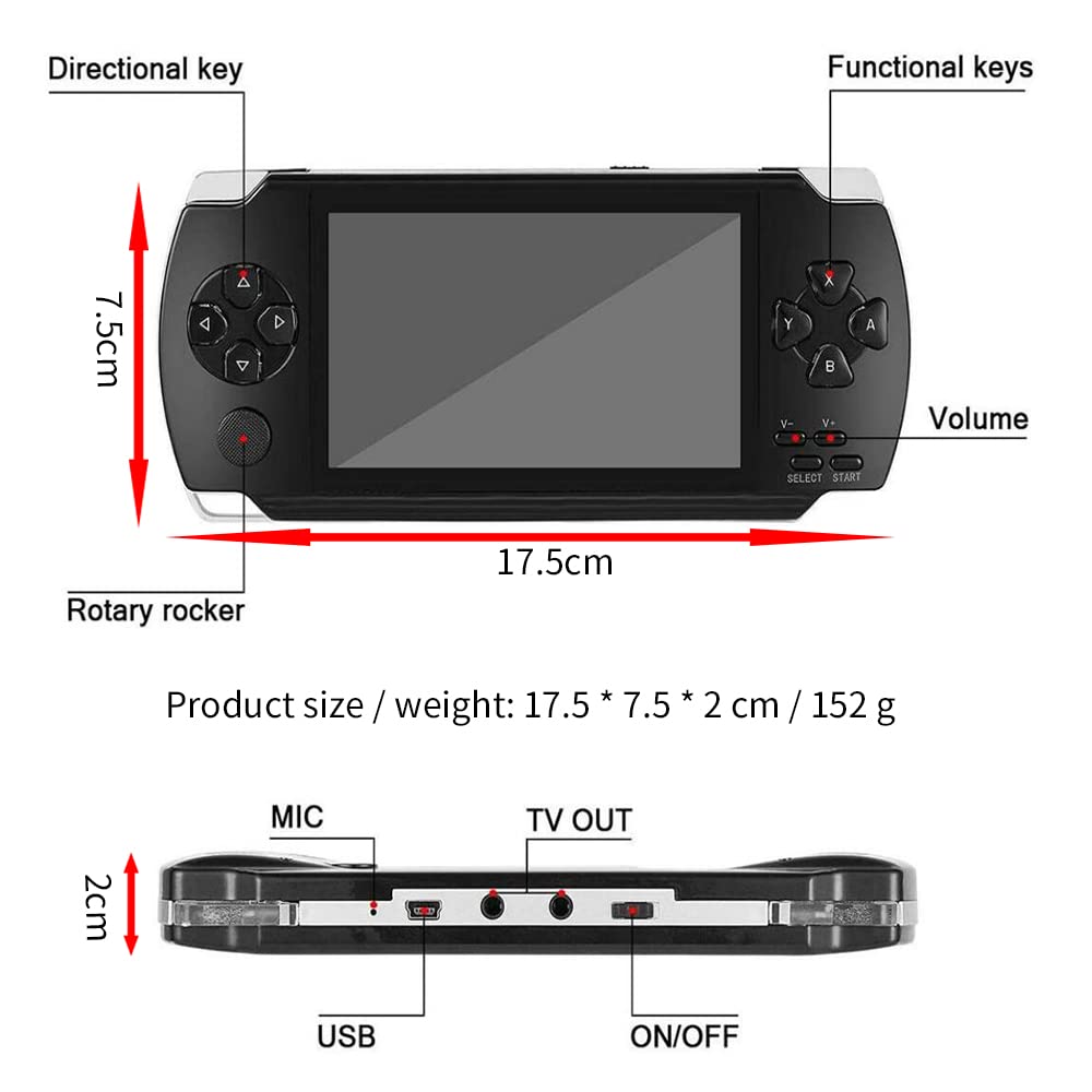 Diketigeey 4.3 inch 8GB Handheld Game Console Built in 1500 Games for Multiple simulators x6 Retro Video Game Console mp3/mp4/Ebook TV Out Portable Game Player Device (Black)