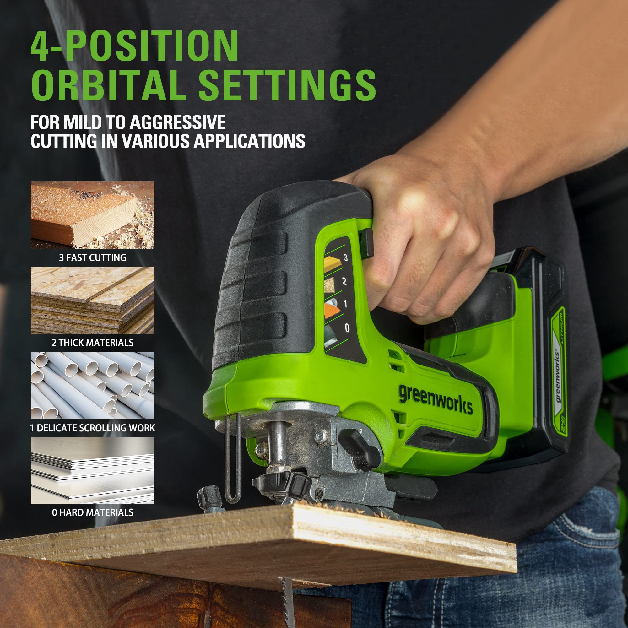 Greenworks 24V Brushless Jig Saw,1*2AH Battery+2A adaptor, 6PCS Blades (4 x Saw blade for woodworking. 2 x Saw blade for metal)