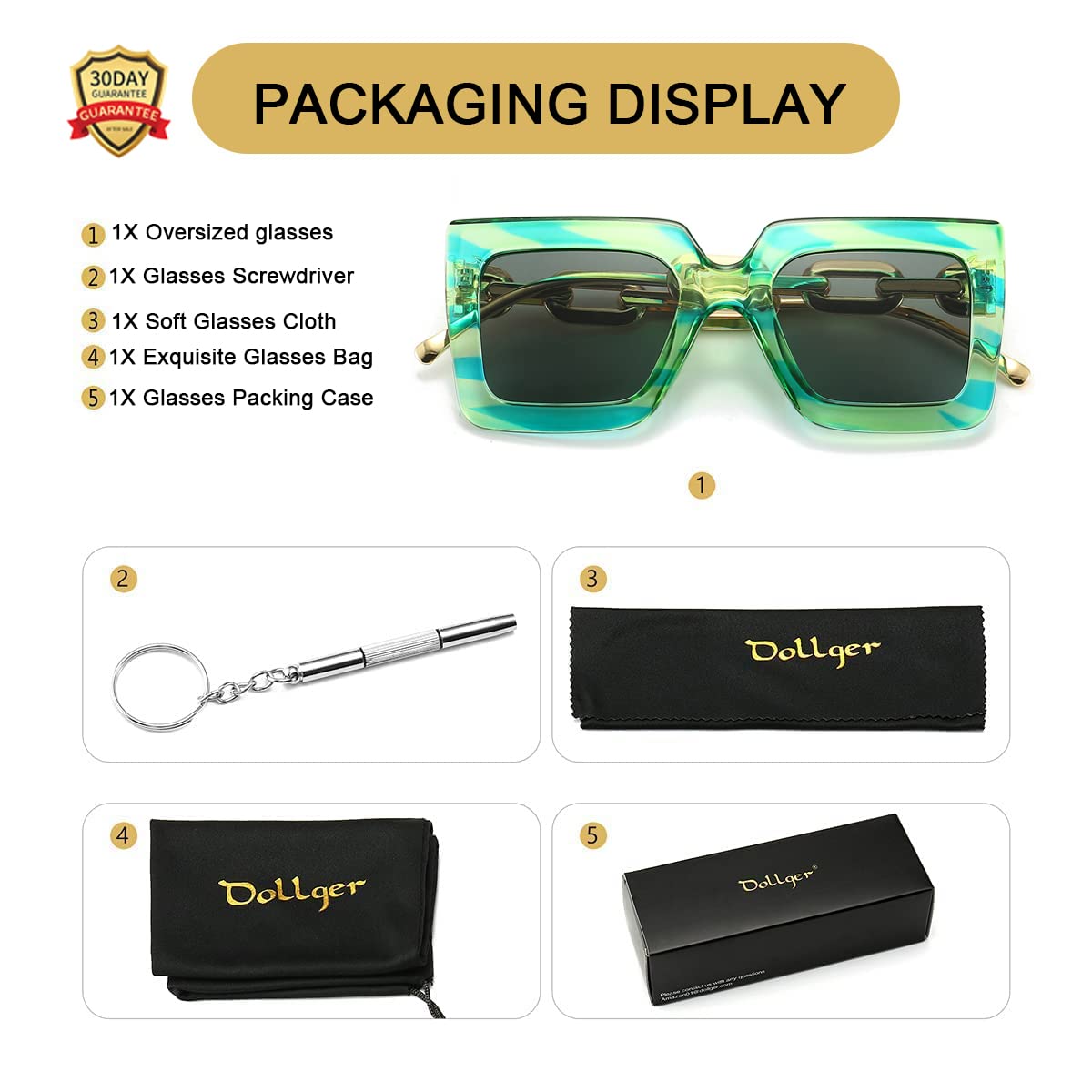 Dollger Oversized Square Sunglasses for Women Large Frame Metal Chain Arms UV Protection Glasses