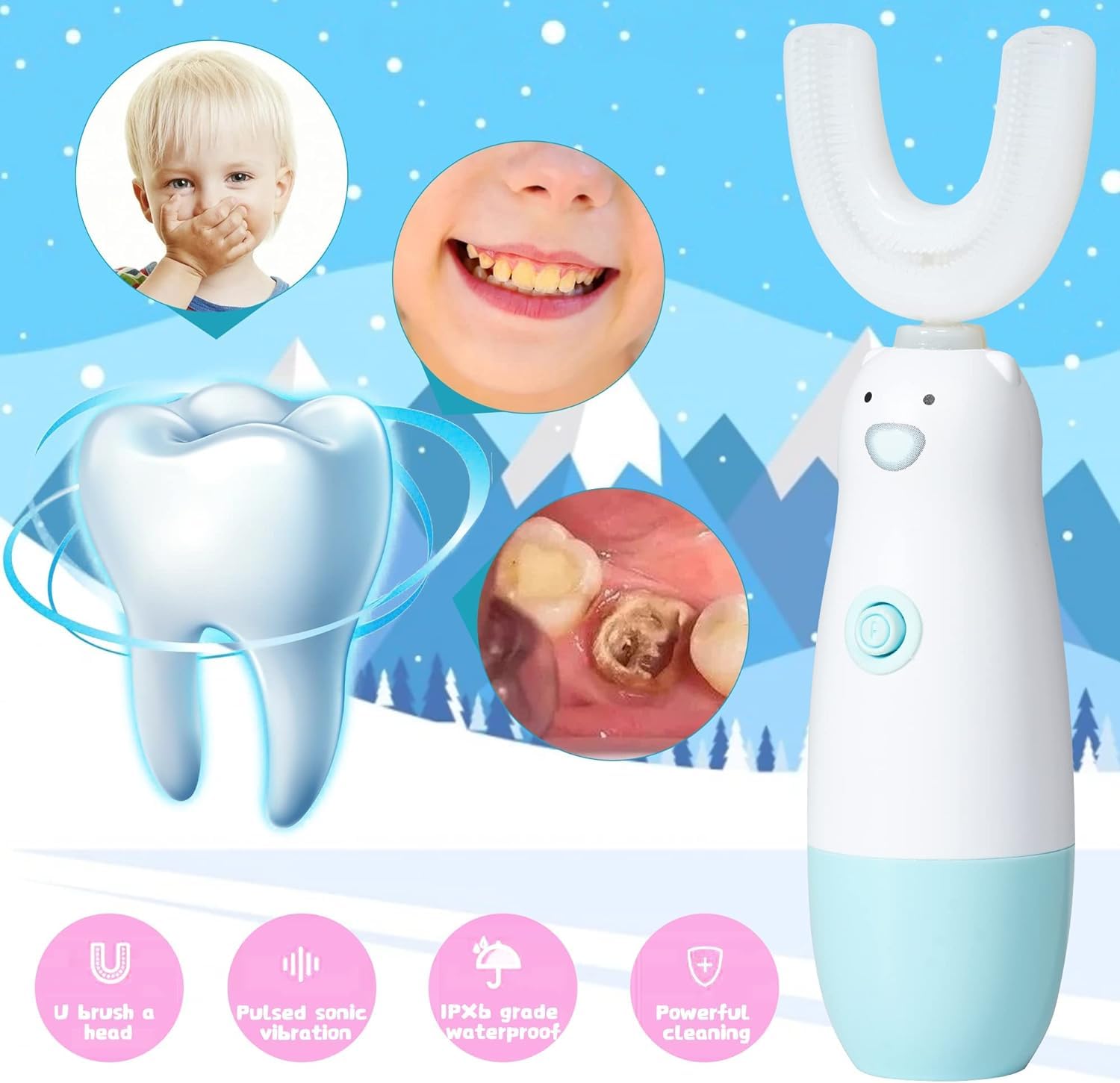 Meqtpomy Kids Electric Toothbrush,6 Cleaning Models Toddler Toothbrush Waterproof Battery Powered 360 Automatic Sonic u Shaped Toothbrushes for 2-7 Years Old for Boys Girls(Blue)