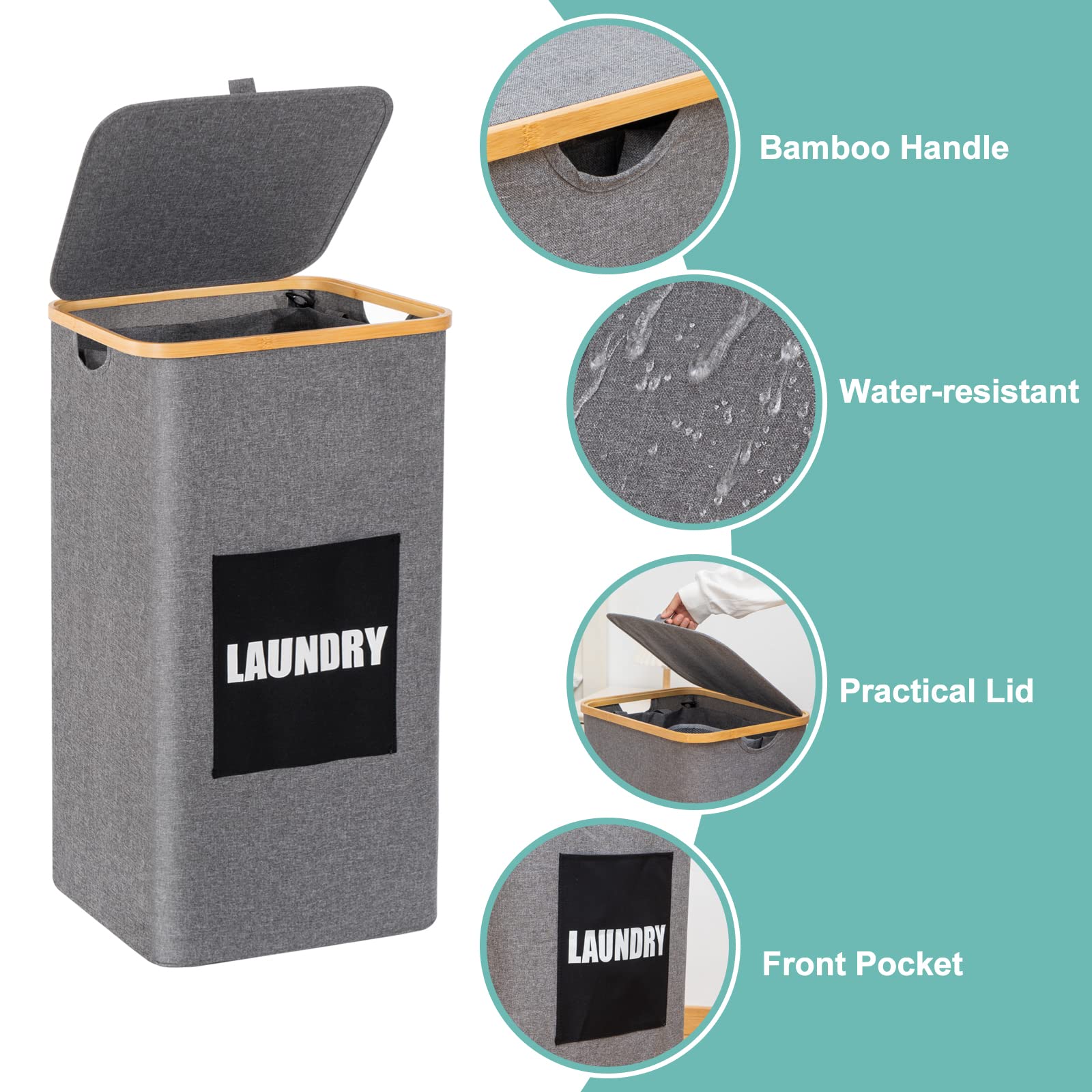 Uross Laundry Hamper with Lid- 100L Large Laundry Basket with Bamboo Handles, Clothes Hamper with Lid for Bedroom, Tall Laundry Hamper Basket with Lid, Big Dirty Clothes Hamper for Laundry, Grey