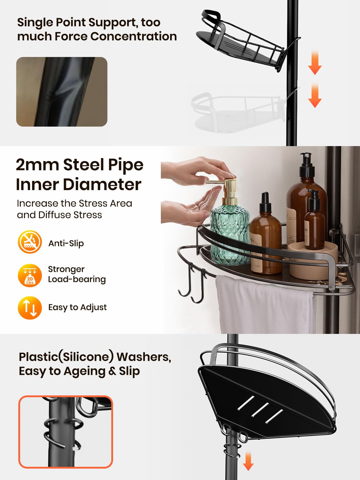 ENRUNEST Corner Shower Caddy Tension Pole for Bathroom Organizer,Tension Shower Caddy Corner,4 Tier Rustproof Larger Capacity Shelves,Adjustable 31.5 to 111.4 Inch,Black