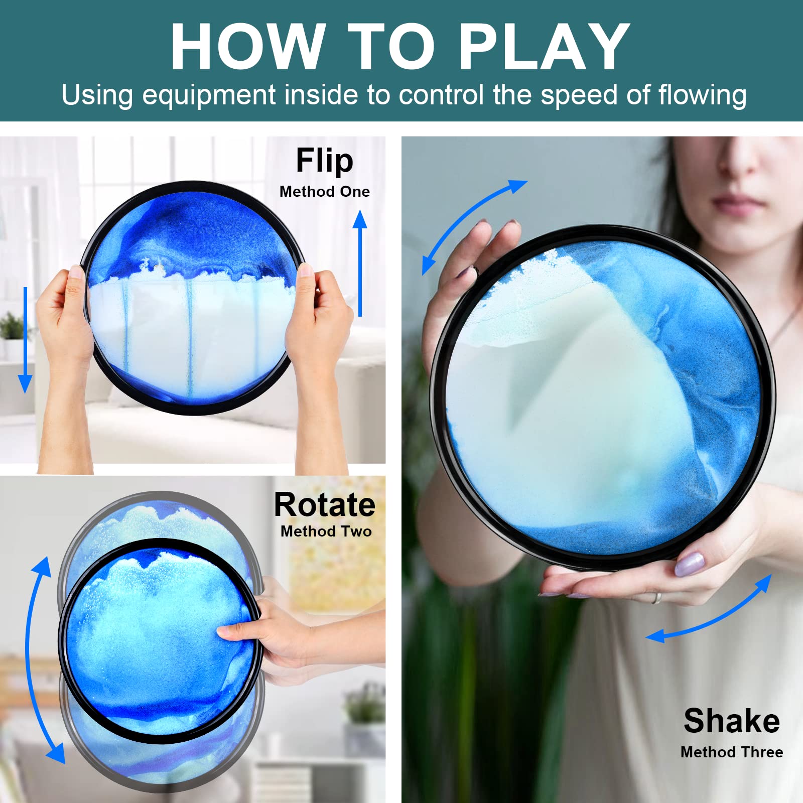 costand Moving Sand Art Picture with Round Glass, 3D Deep Sea Sandscape in Motion Display, Flowing Arc Frame Relaxing Desktop Home Office Work Decor, Room Decoration(7' Blue, 7''