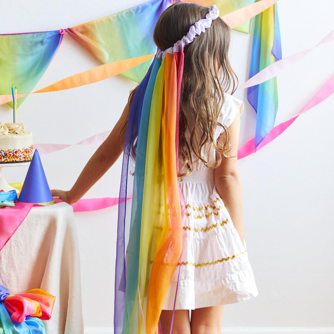 Rainbow Veil, Real Silk, 28" Long Veil with 18" Stretchy Headband | Real Natural Silk Waldorf Toys