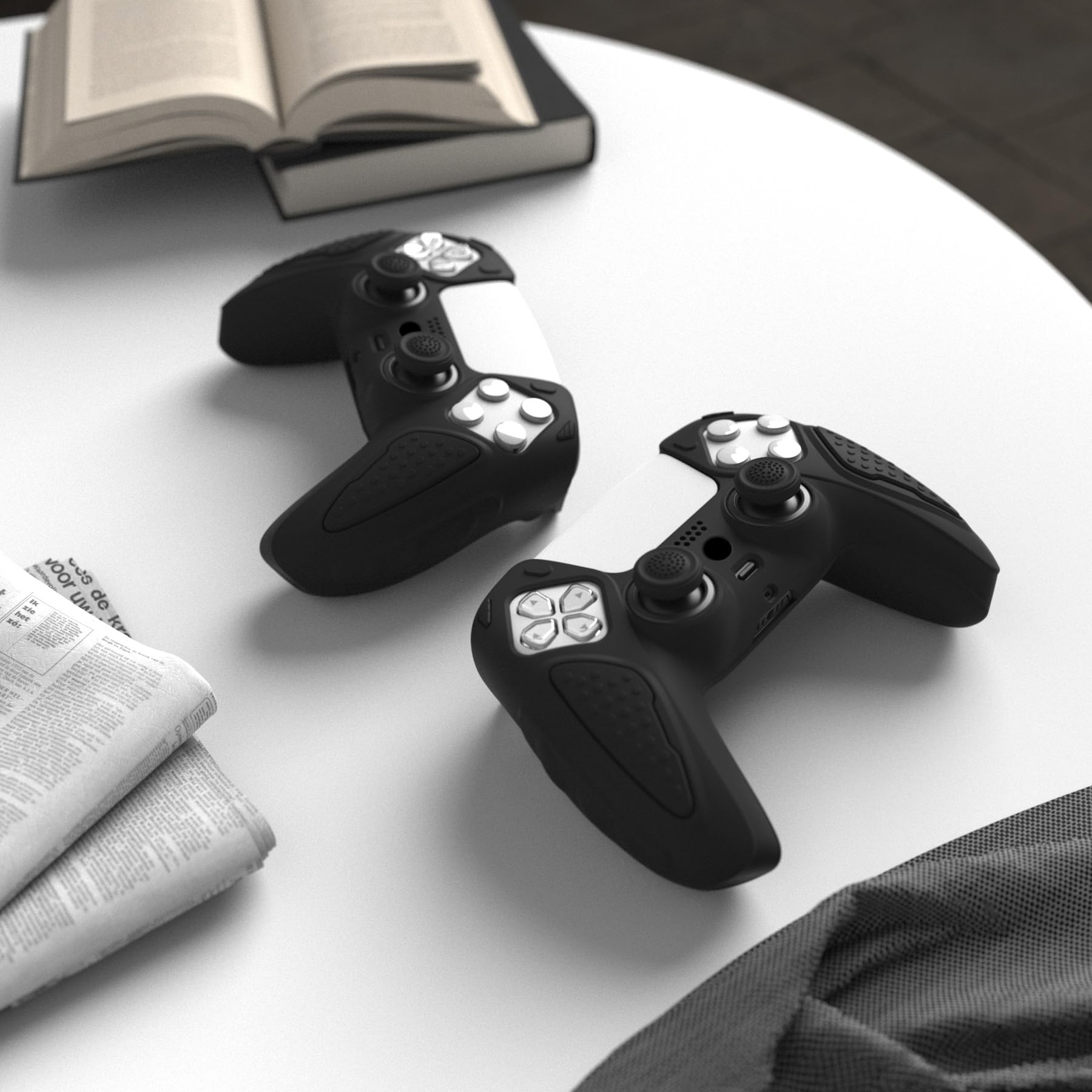 PlayVital Black Knight Edition Anti-Slip Silicone Cover Skin for ps5 Controller, Soft Rubber Case for ps5 Wireless Controller with Black Thumb Grip Caps