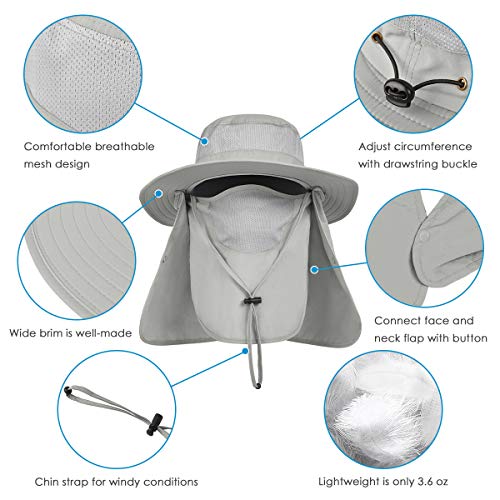 IYEBRAO Mens Outdoor Sun Hat with Face Neck Flap UV Protection for Fishing Hiking Garden (2 Pack-Dark Gray&Light Gray)