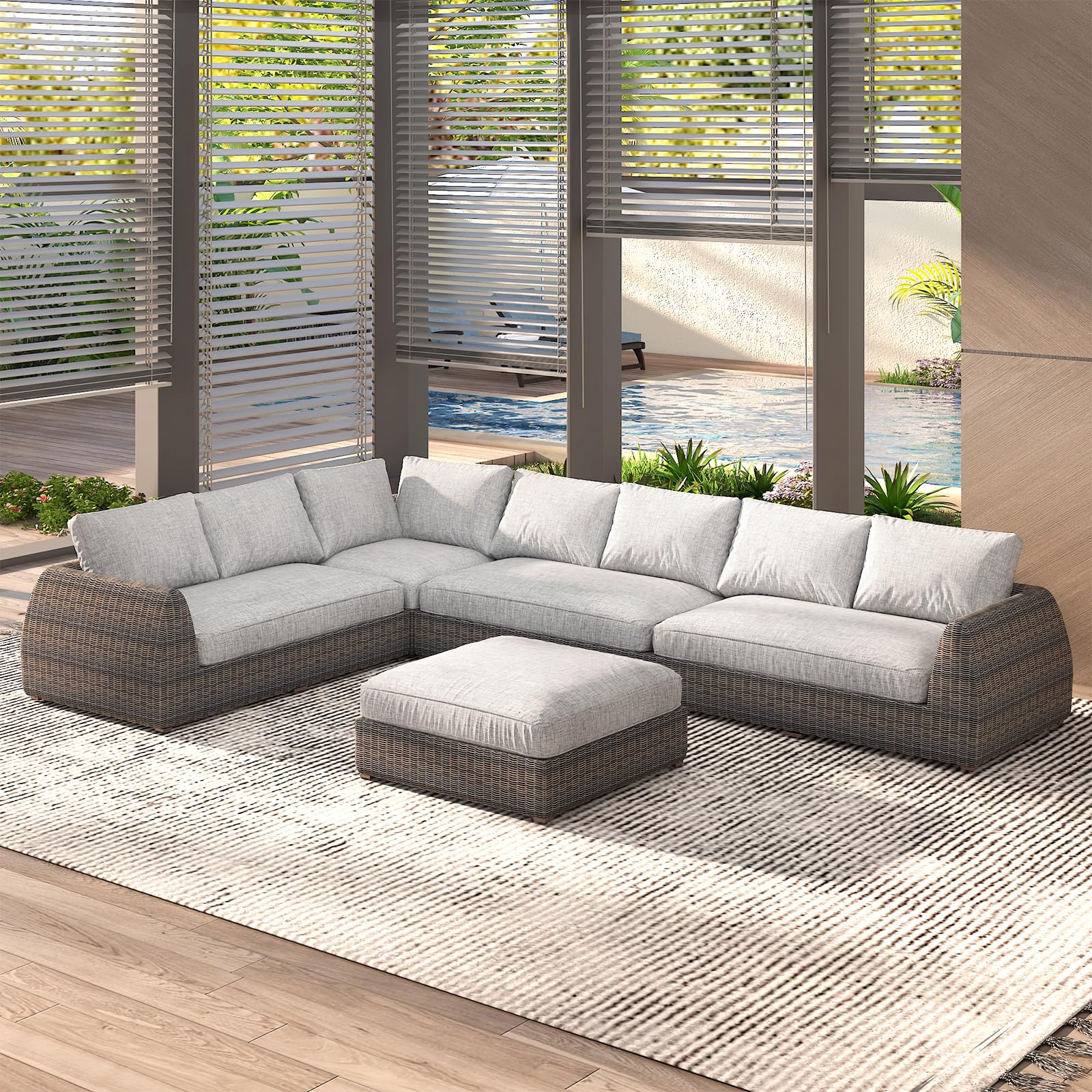 U-MAX 7-Seat Outdoor Patio Deep Seating Lounge Set with Sofa, L-Shape Backyard Patio Furniture Set, Brown Rattan Conversation Sets,Light Grey