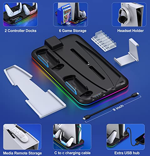 DINOSTRIKE PS5 Cooling Station with RGB Light, PS5 Stand with Cooling Fan for PS5 Disc&Digital Editions Dual Controllers Charger Station, PS5 Accessories for PS5 Console Headset Holder, 6 Game Slots