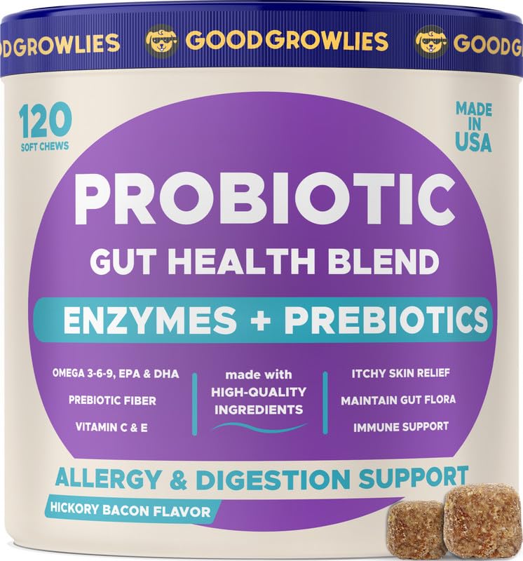 GOODGROWLIES Probiotics for Dogs + Digestive Enzymes - Omega & Pumpkin - Gut Health & Immunity Support - Relieves Diarrhea, Gas, Constipation, Improve Digestion - Made in USA