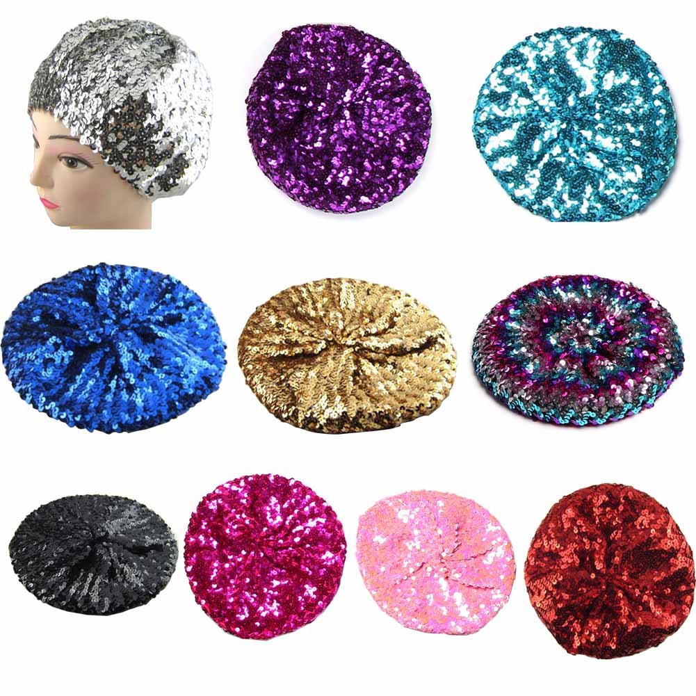 CHUANGLI Sparkly Sequins Beret Hat Glitter Mermaid Cap for Dancing Party Fancy Dress Black