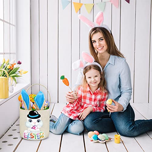 Easter Basket Bunny Canvas Bag - Easter Eggs Gift Baskets for Kids Eggs Hunt Bag Easter Bunny Tote Bag Easter Decorations (Blue)
